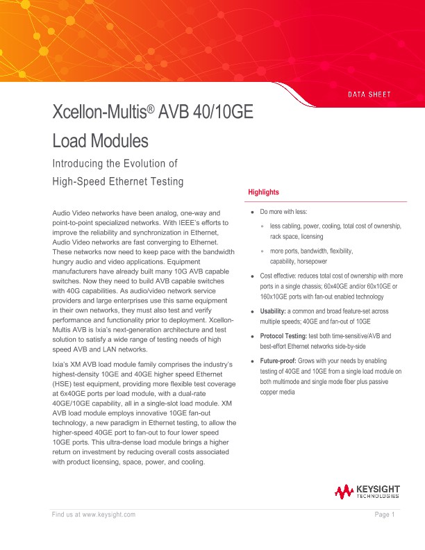Xcellon-Multis AVB 40/10GE Load Module PDF Asset Page | Keysight